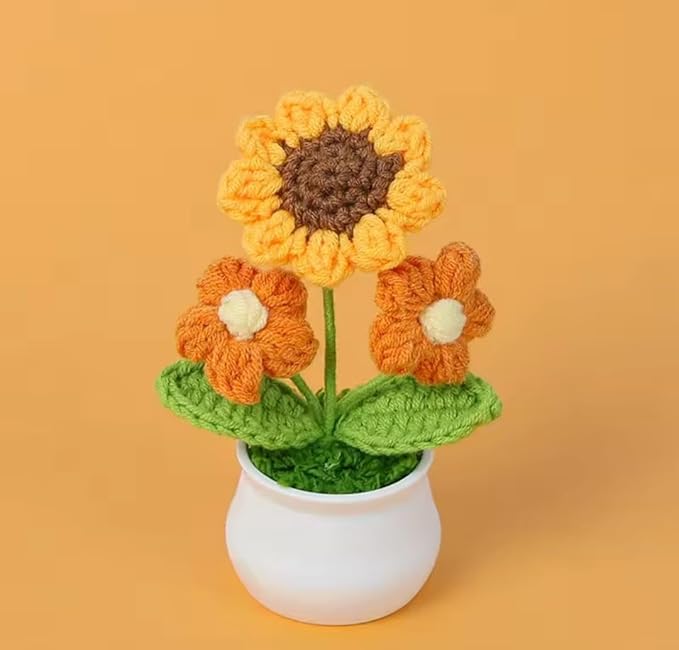 Crochet Flowers Artificial Sunflower Sunflower with Daisy Pot - DesiPick