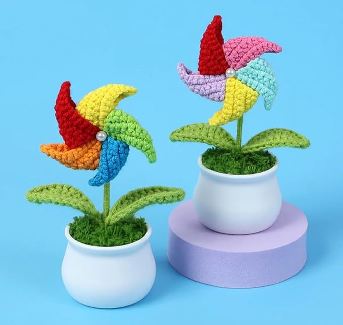 Crochet Flowers Artificial Sunflower Multicolor Fan with Pot - DesiPick