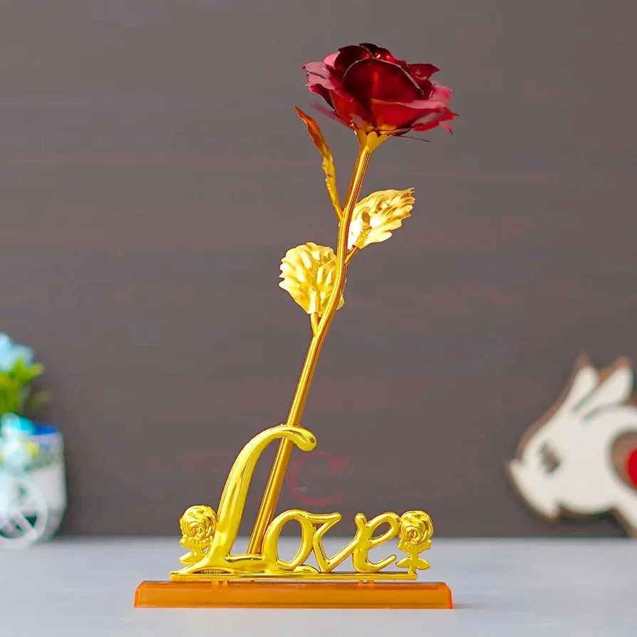 Golden Red Rose Flower with Love Showpiece - DesiPick