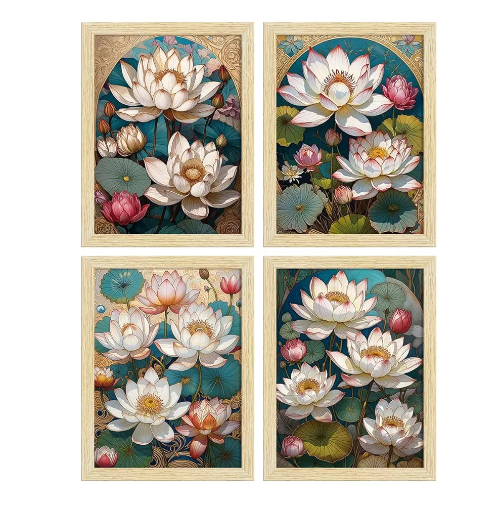ArtX Paper Lotus Flowers Art Paintings With Frame Multicolor Set of 4 ...