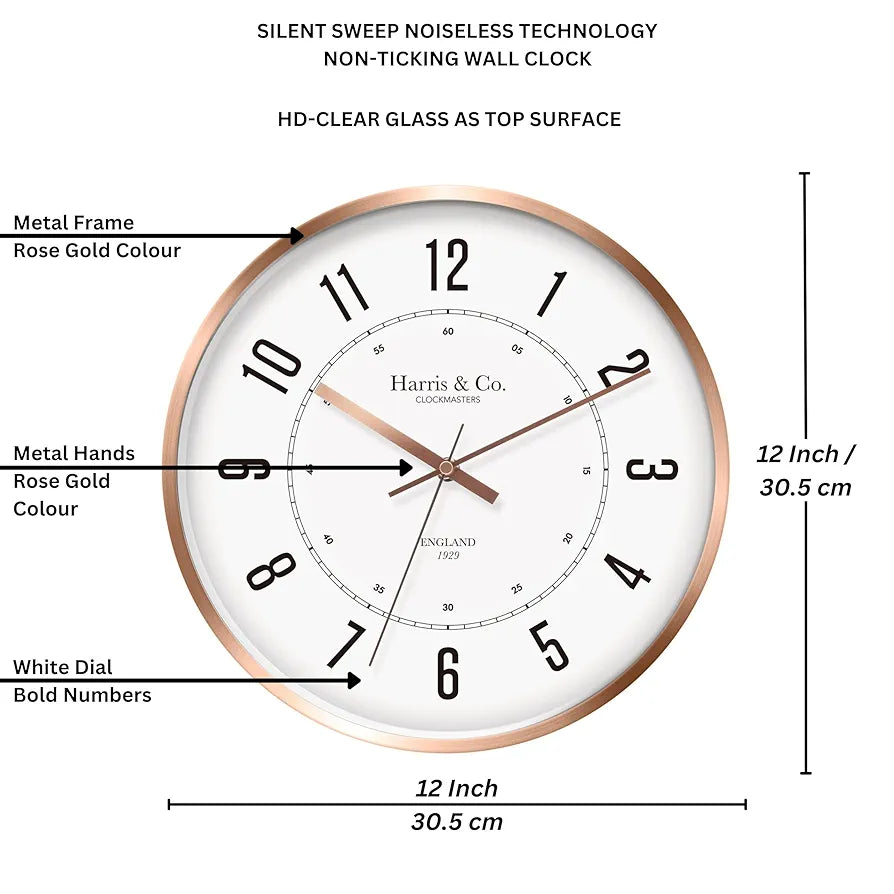 Harris & Co. Clockmasters Silent Sweep Noiseless Technology Wall Clock ...