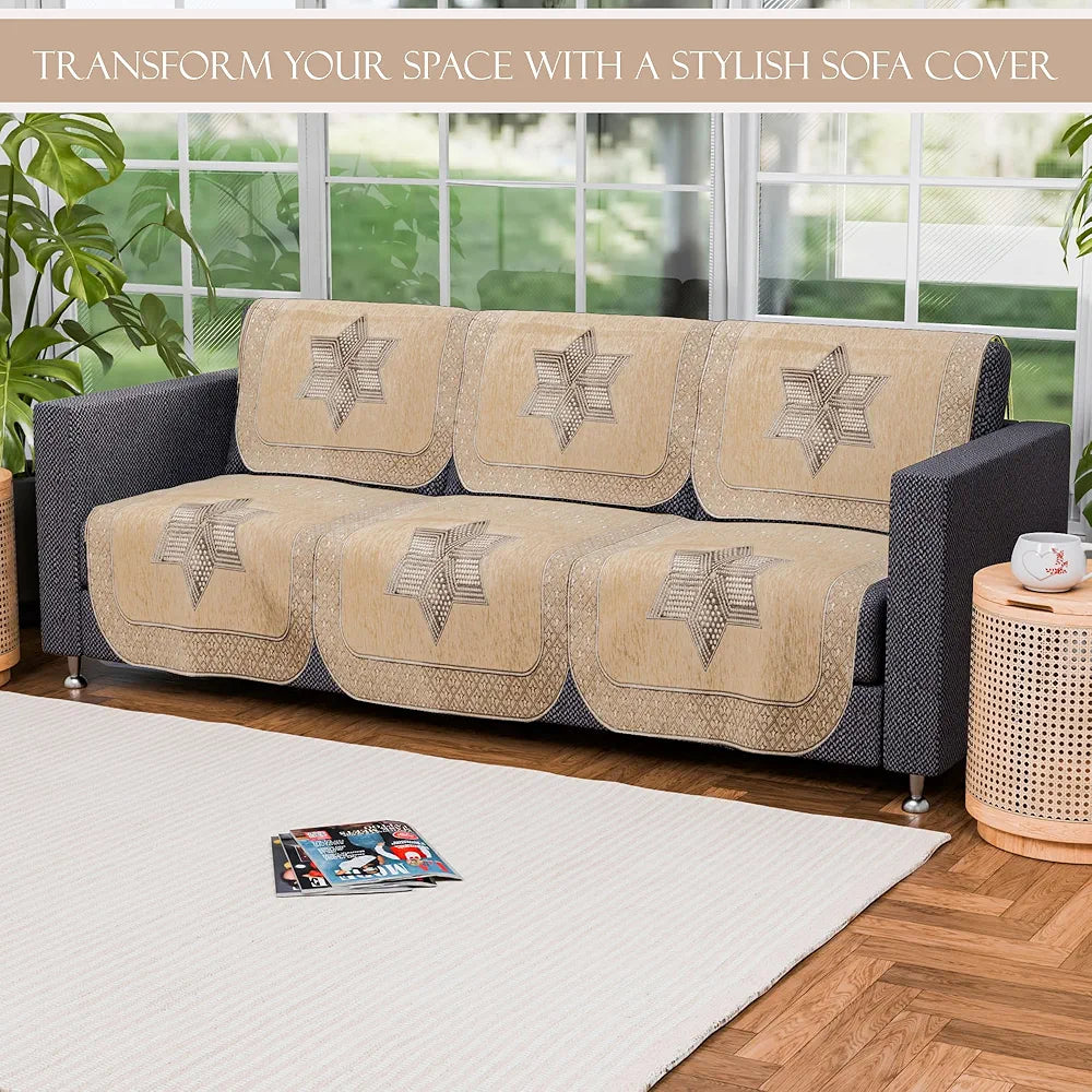 Kuber Industries Set of 6 Durable 3 Seater Sofa Cover Star Print Cream ...