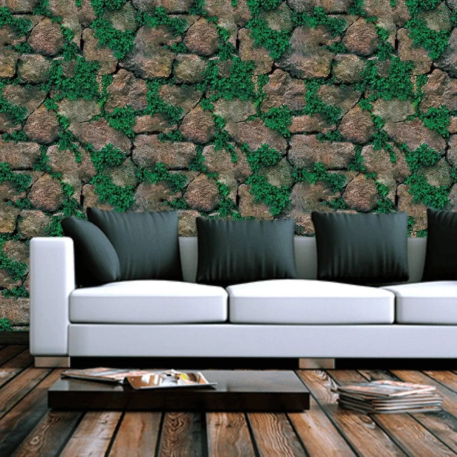 Jaamso Royals Green Grass With Stone Wall Papers for Home Brick Stone ...