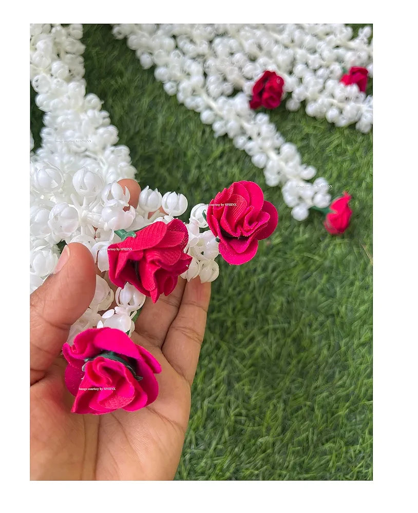 Artificial Jasmine Buds & Rose Strings Garlands Dark Pink - DesiPick