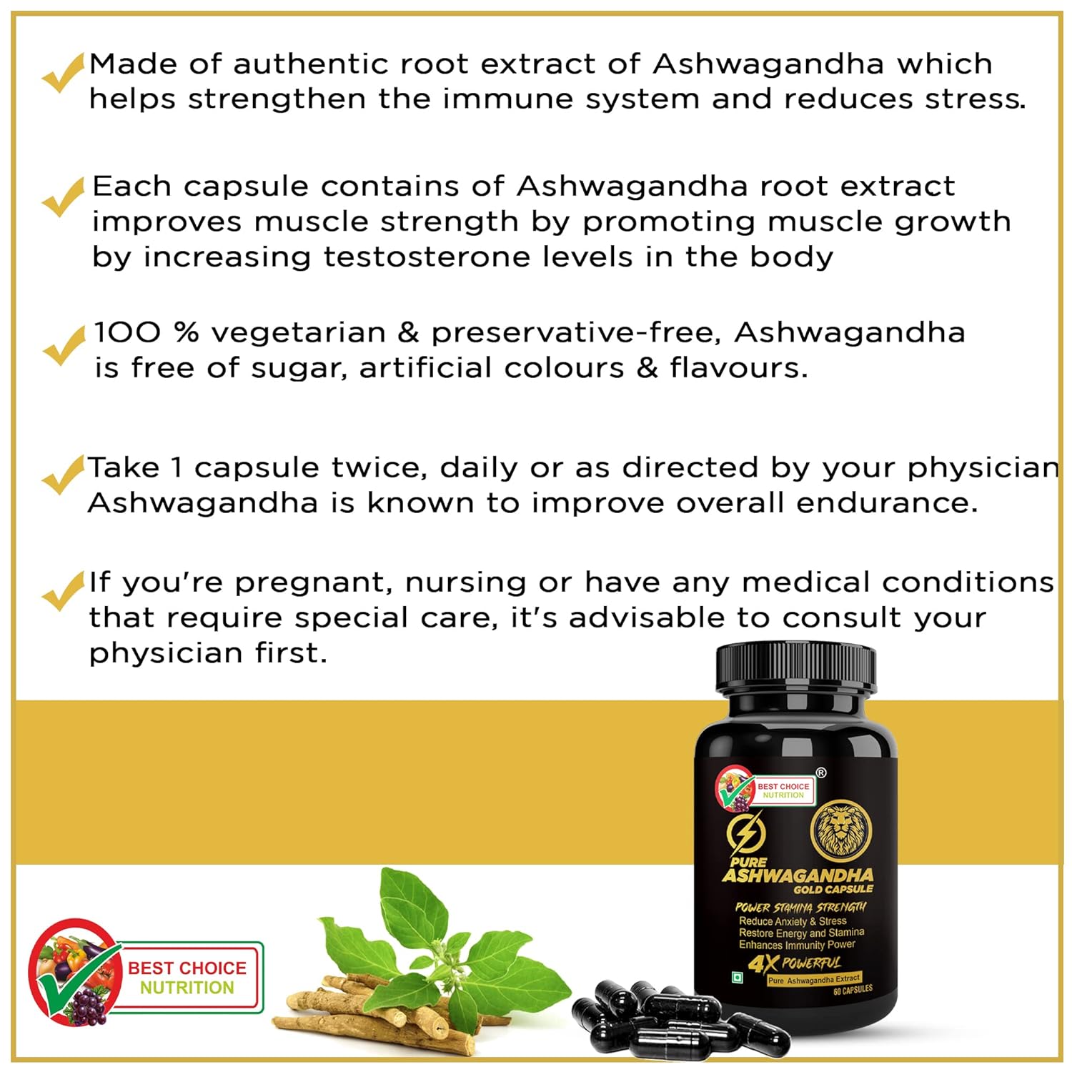 Best Choice Nutrition Ashwagandha Gold - 60 Capsules - DesiPick