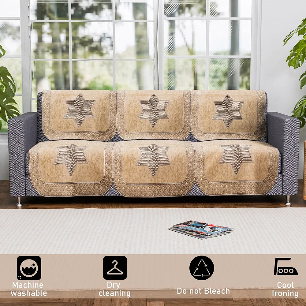 Kuber Industries Set of 6 Durable 3 Seater Sofa Cover Star Print Cream ...