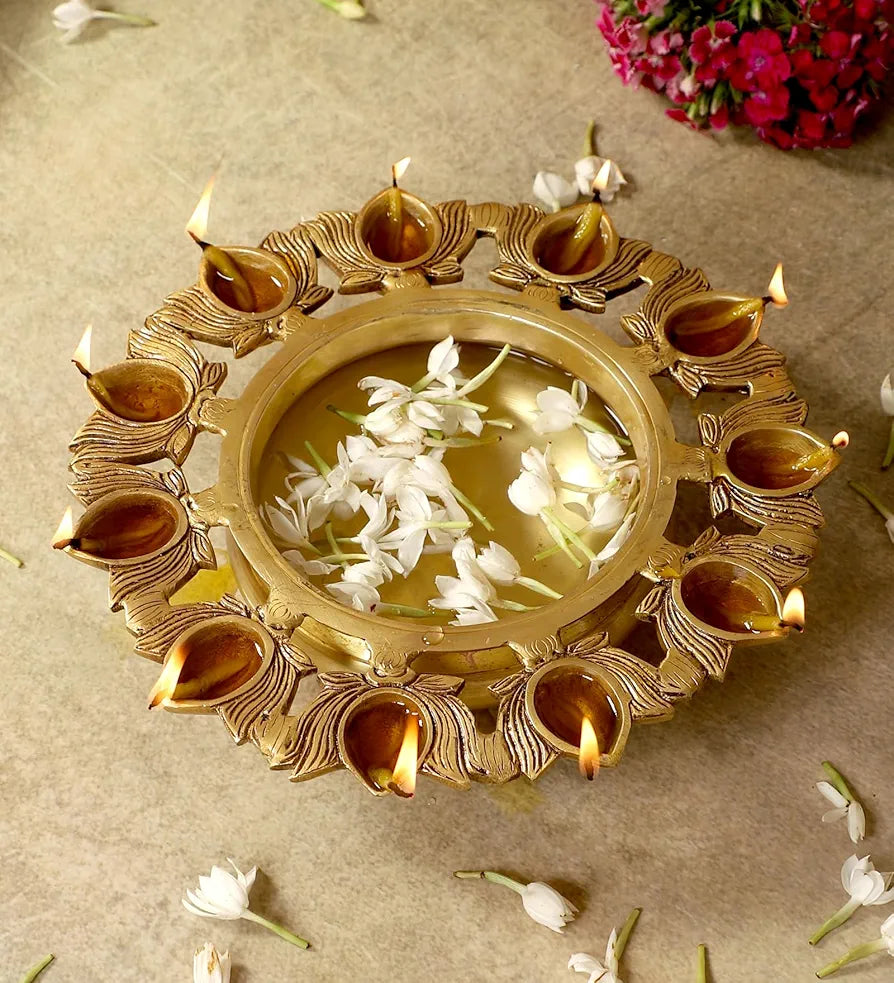 Two Moustaches 9.5 Inches Brass Urli Bowl with Lotus Design 11 Diyas U ...