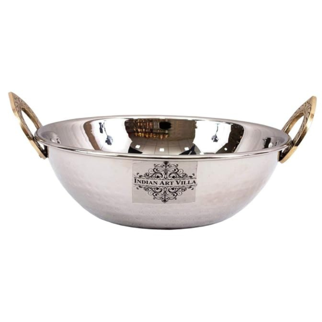Indian Art Villa Handmade Steel Kadhai Karahi Wok With Brass Handle ...