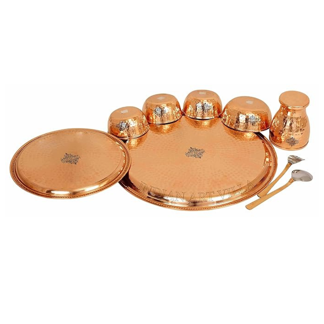 Indian Art Villa Pure Copper Hammered Design 9 Pieces Dinner Set - DesiPick
